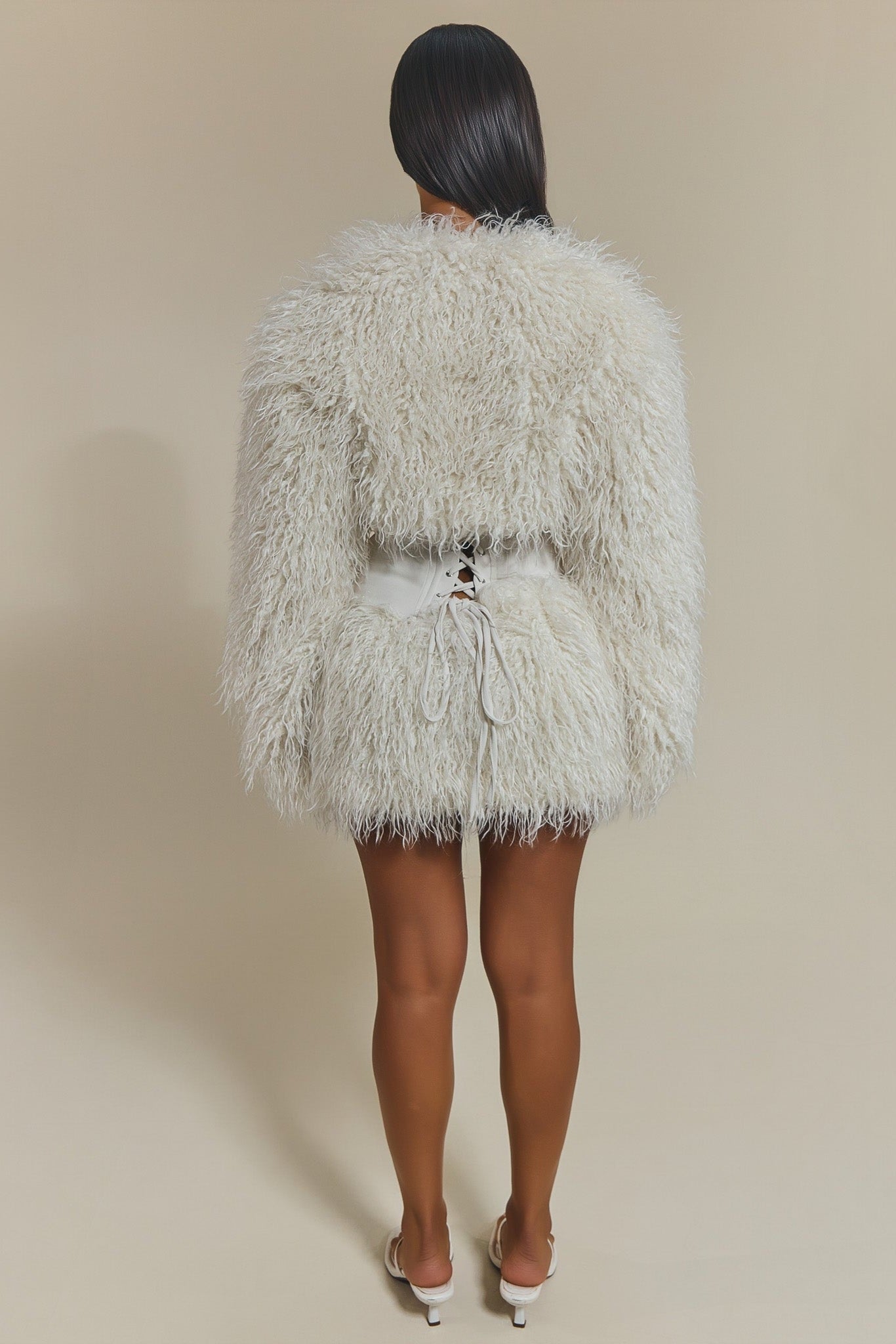 The Sabrine Fur Shrug and Mini Skirt Set in Cream Mars The Label ...