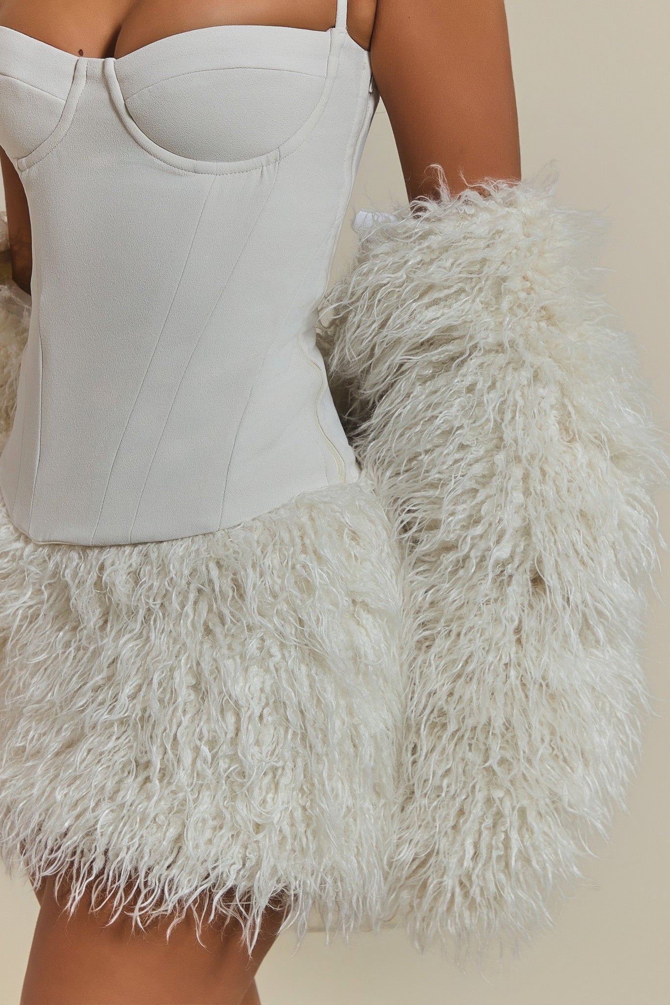 The Sabrine Fur Shrug and Mini Skirt Set in Cream Mars The Label ...